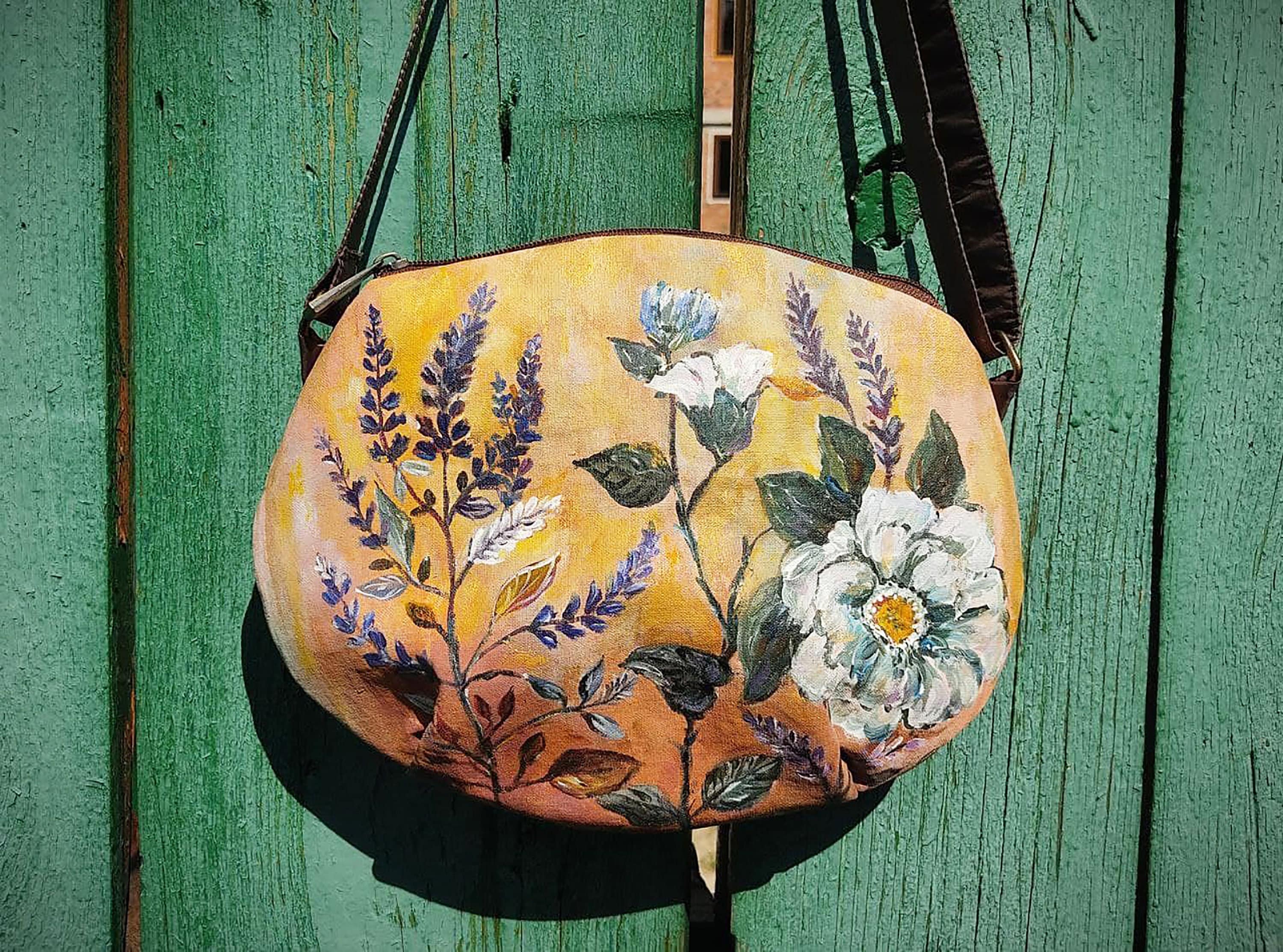 Crossbody Purse for Women With Painted Flowers Brown Custom | Etsy