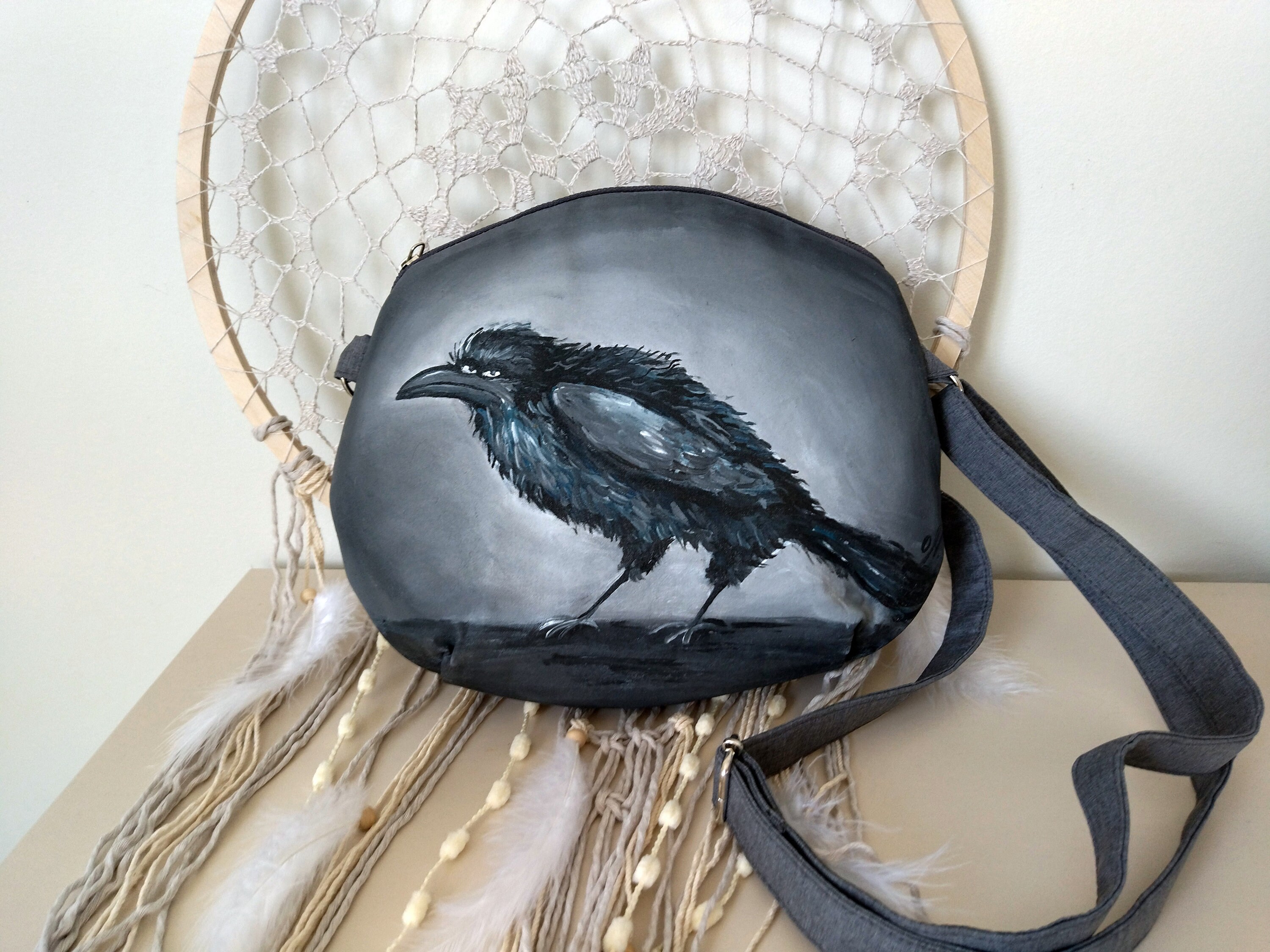 Gray crow crossbody purse for women crow womens fabric | Etsy