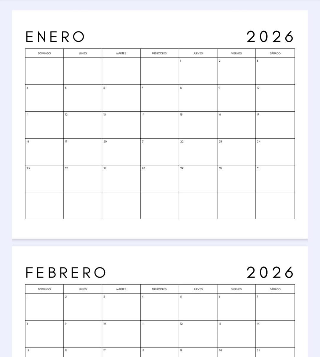 2026 Calendario Imprimible, Spanish Calendar Minimalist Printable ...