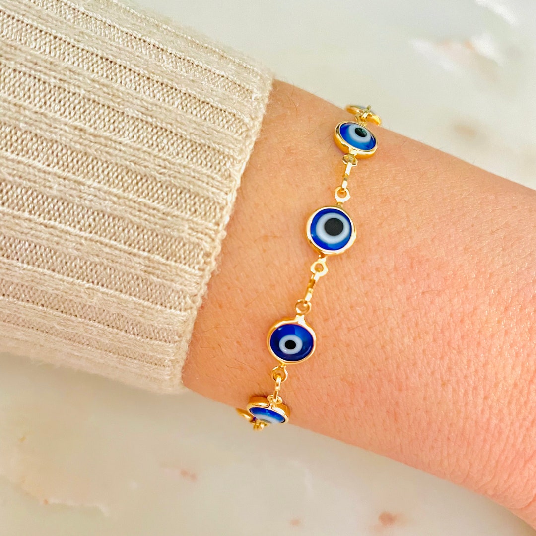 18k Gold Filled Evil Eye Chain Bracelet, Protection Bracelet, Tiny Evil ...