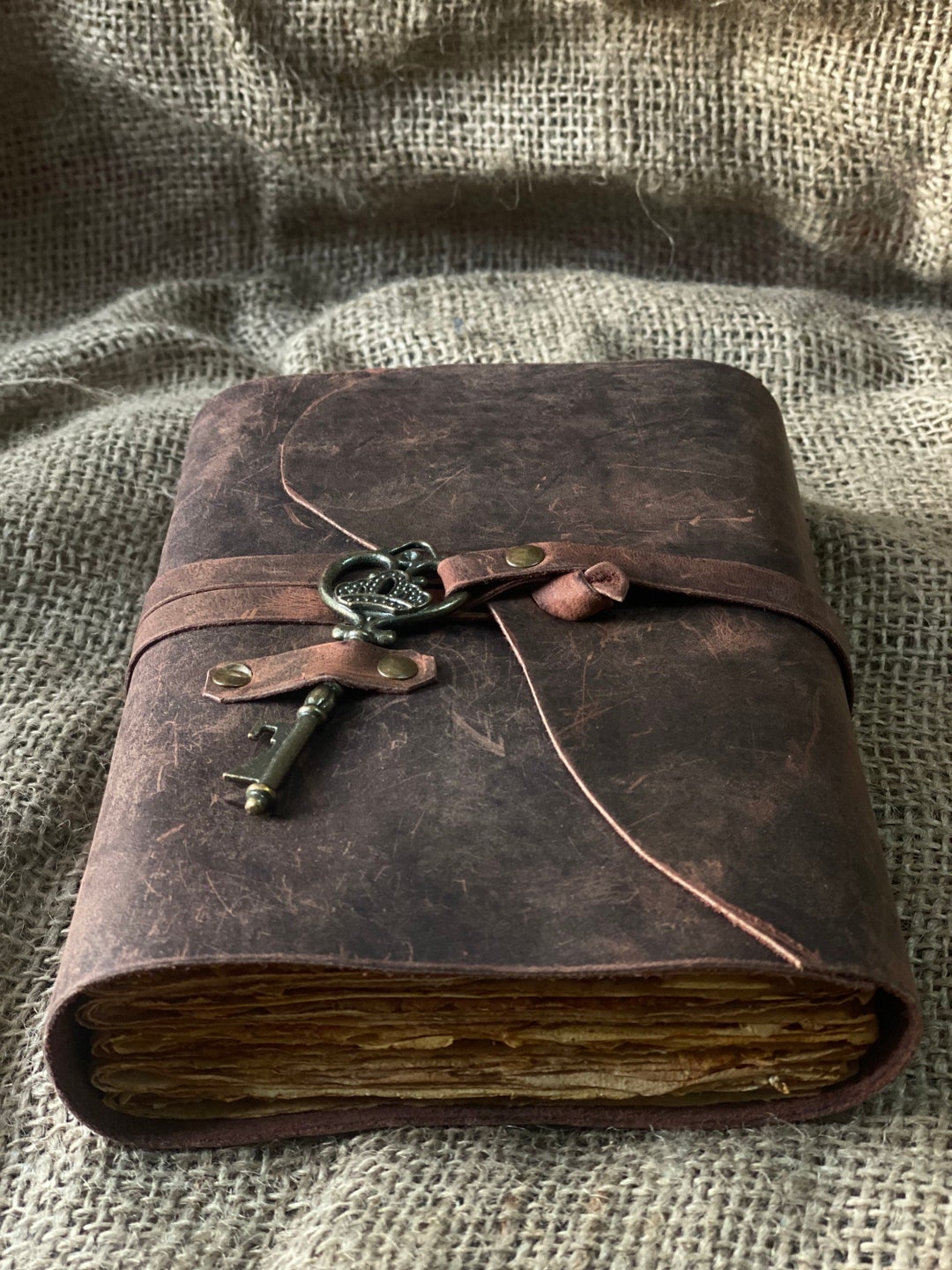 Handmade Vintage Rustic Brown Cow Hide Leather Journal With Key Closure ...