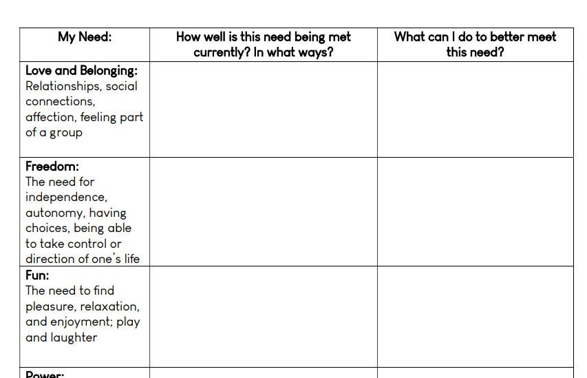 5 Needs Worksheet - Etsy