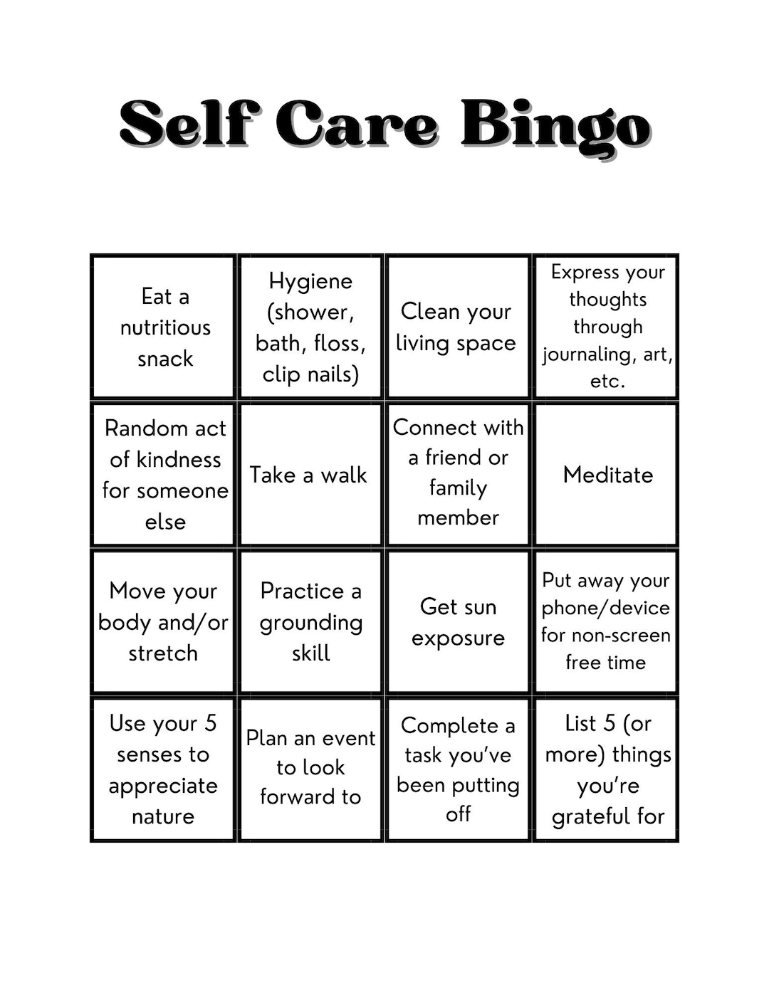 Self Care Bingo Worksheet for Counseling - Etsy