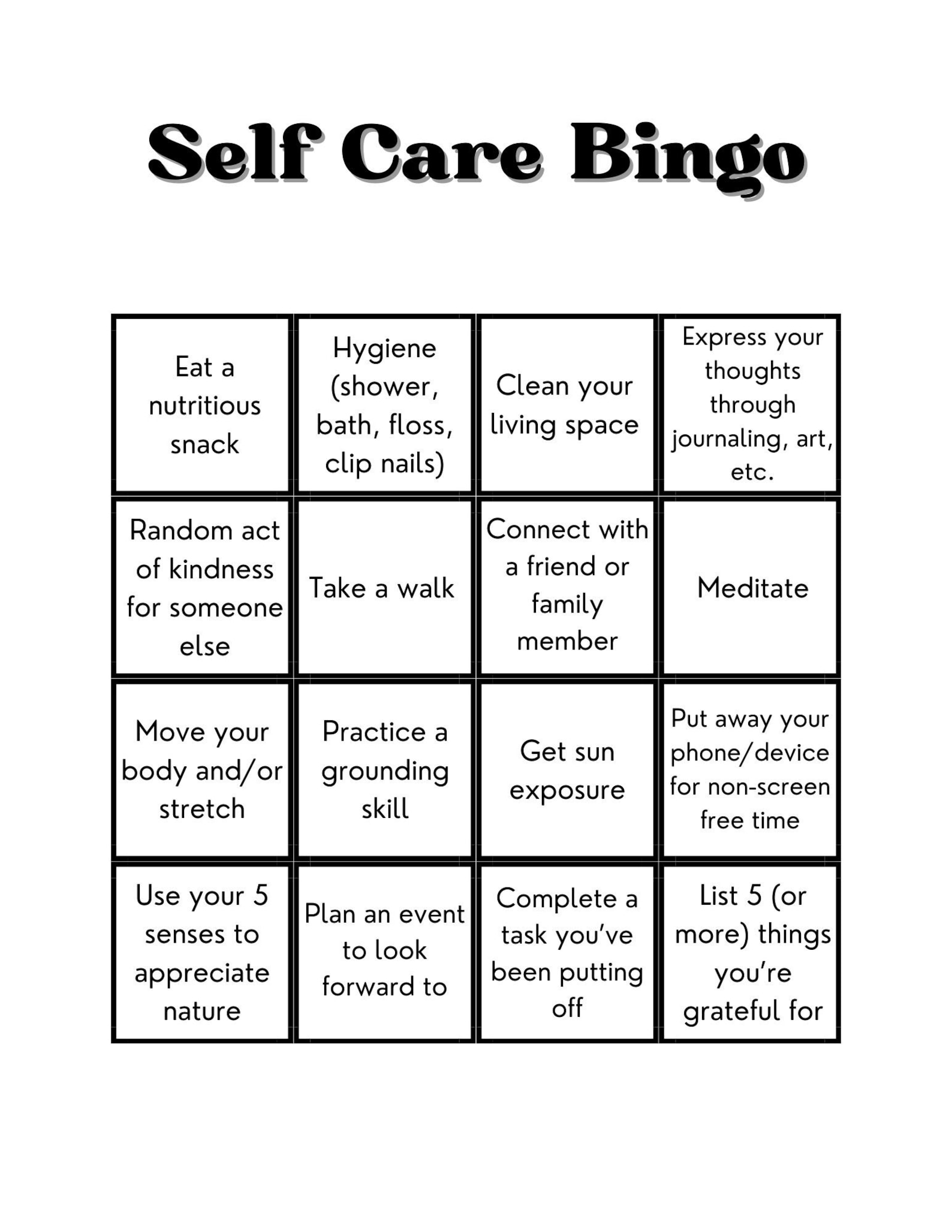 Self Care Bingo Worksheet for Counseling - Etsy
