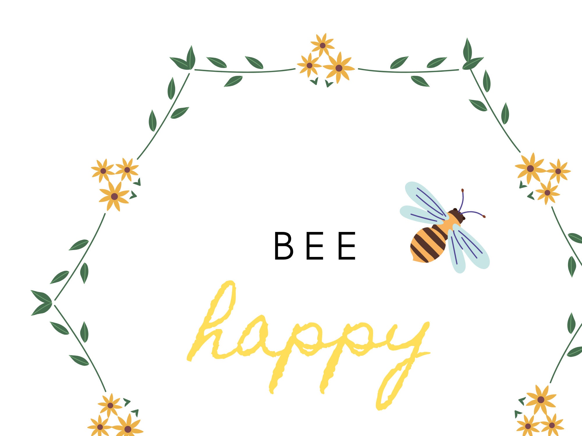 A4 Bee Happy Wall Print, Printable Positive Motivational Wall Frame ...
