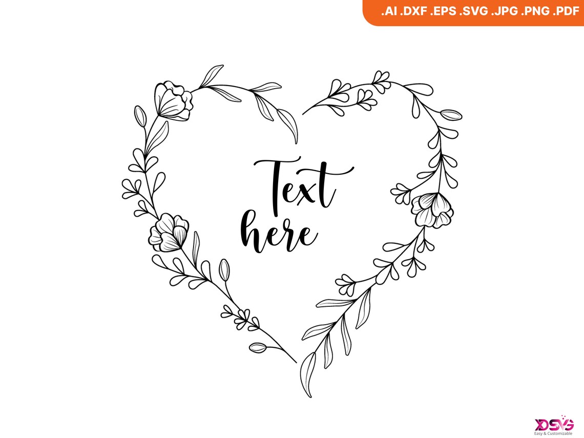 Floral Heart Wreath SVG, Hand Drawn Flower Frame SVG Bundle, Silhouette ...