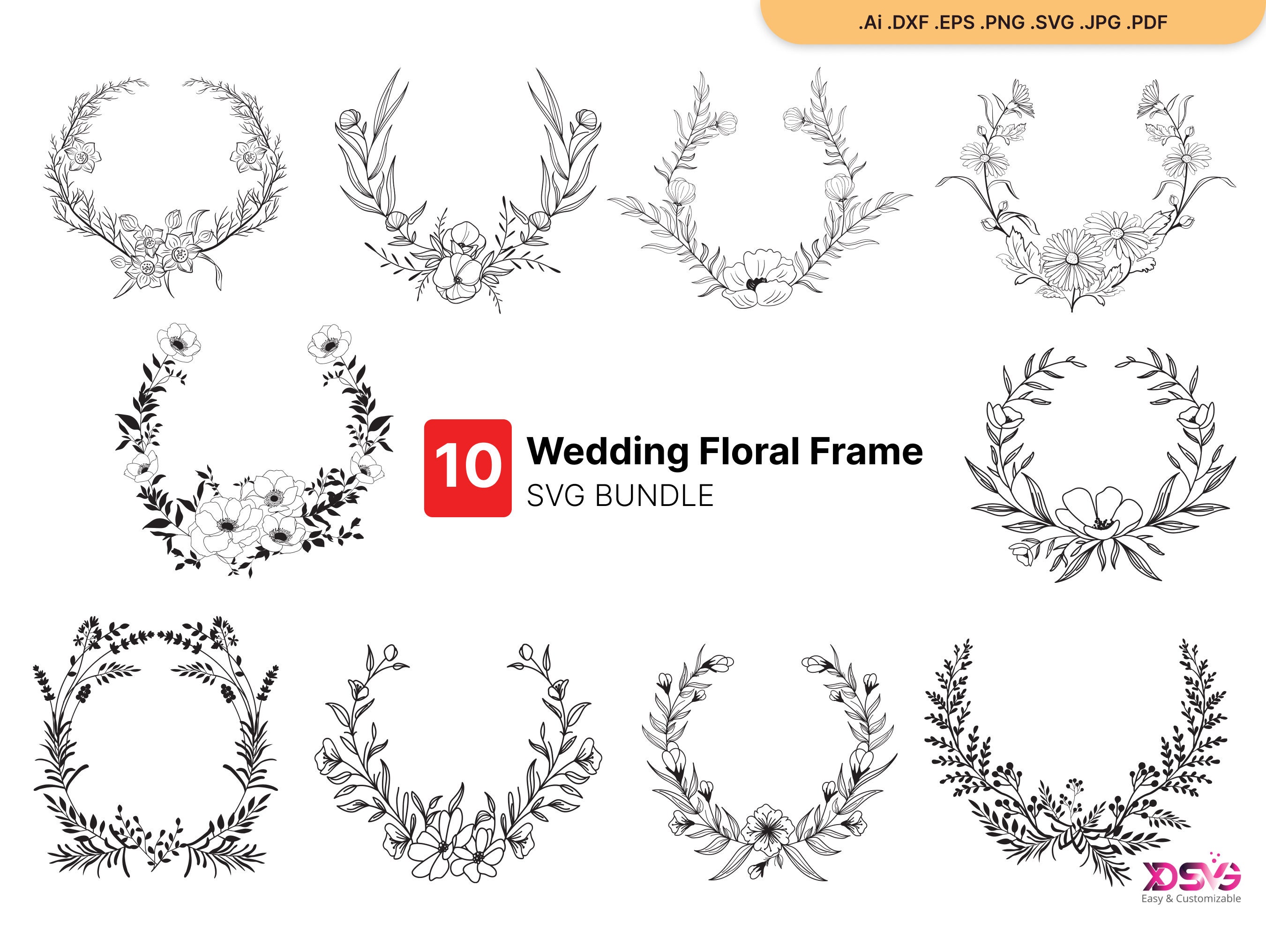 Wedding Floral Frame SVG, Floral Frame SVG Bundle, Silhouette, Clipart ...