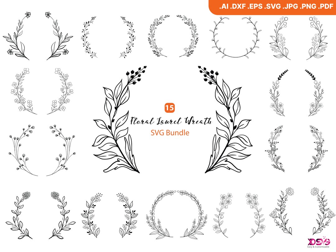 Floral Laurel Wreath SVG, Floral Frame SVG Bundle, Silhouette, Clipart ...