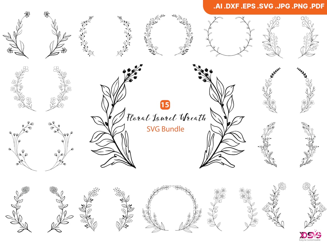 Floral Laurel Wreath SVG, Floral Frame SVG Bundle, Silhouette, Clipart ...