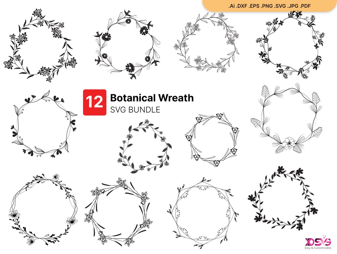 Botanical Wreath SVG, Floral Frame SVG Bundle, Silhouette, Clipart ...