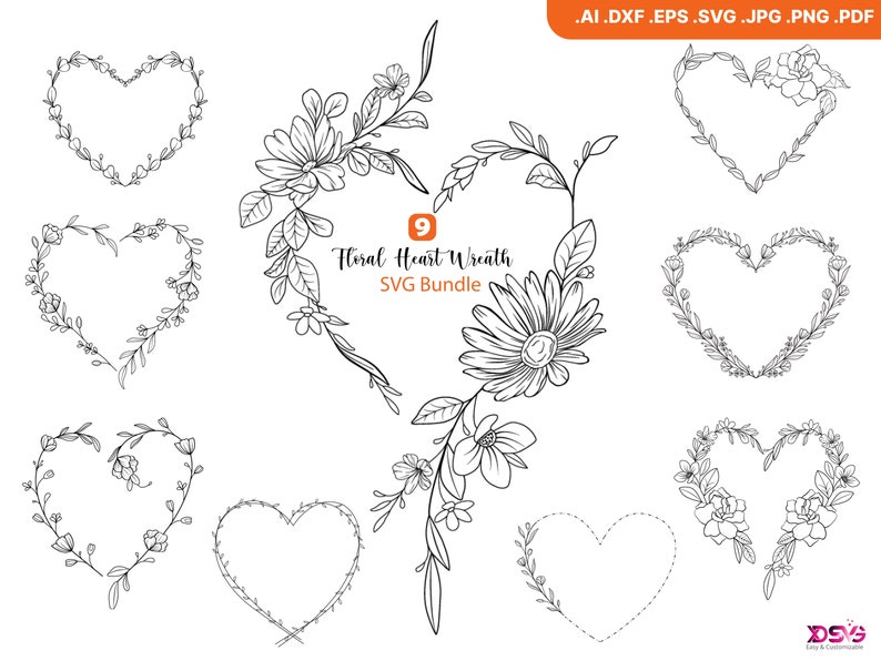 Floral Heart Wreath SVG, Hand Drawn Flower Frame SVG Bundle, Silhouette ...