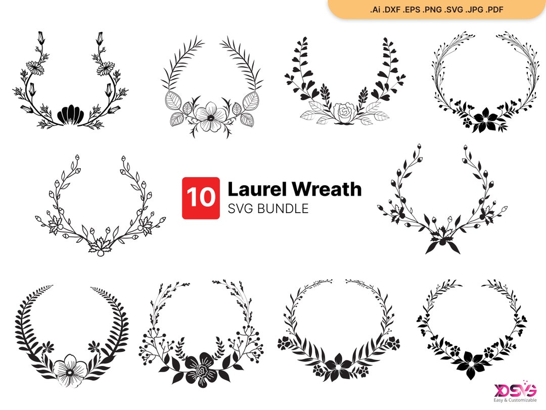 Laurel Wreath SVG, Floral Frame SVG Bundle, Silhouette, Clipart ...