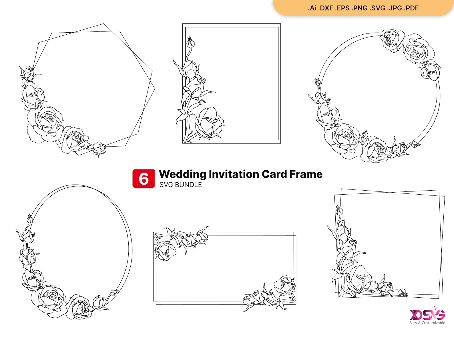Floral Wedding Frame SVG, Floral Wedding Frame Bundle SVG, Silhouette ...