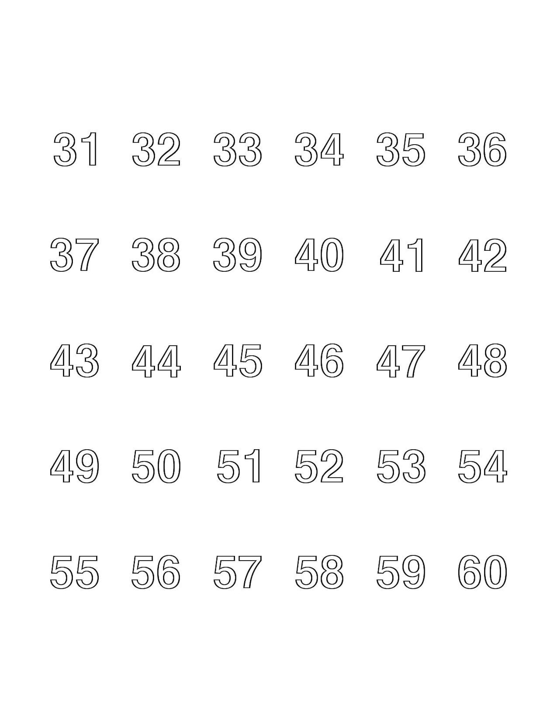 31-60 Numbers PDF 31 Pages With Each Number and a One With All Numbers ...