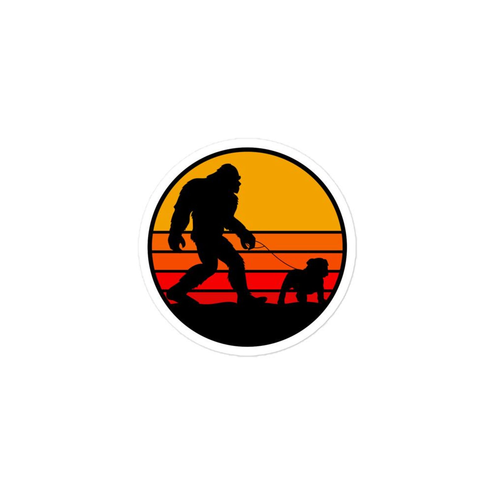 Retro Sunset Bigfoot Walking Bulldog, Bigfoot Sticker, Sasquatch ...