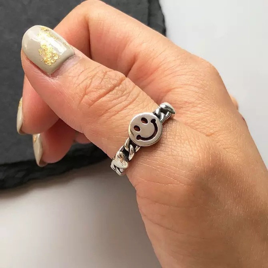 Smiley Face Ring, Silver Smile Face Ring, Happy Face Ring, Adjustable ...