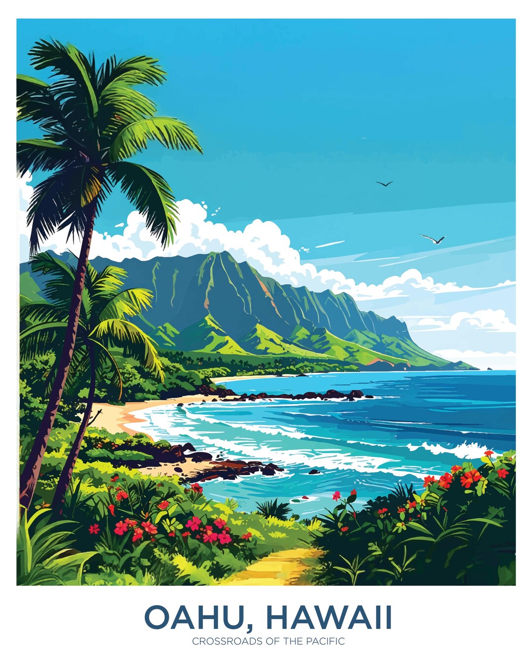Oahu Hawaiian Landscape Vector Art, Black Sand Beach Poster, Maui ...