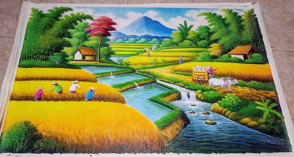 Painting of Rice Harvest Scenery With Charming Terraces - Etsy