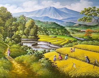 Rice Harvest Landscape Painting With Ox Carts and Good Feng Shui - Etsy