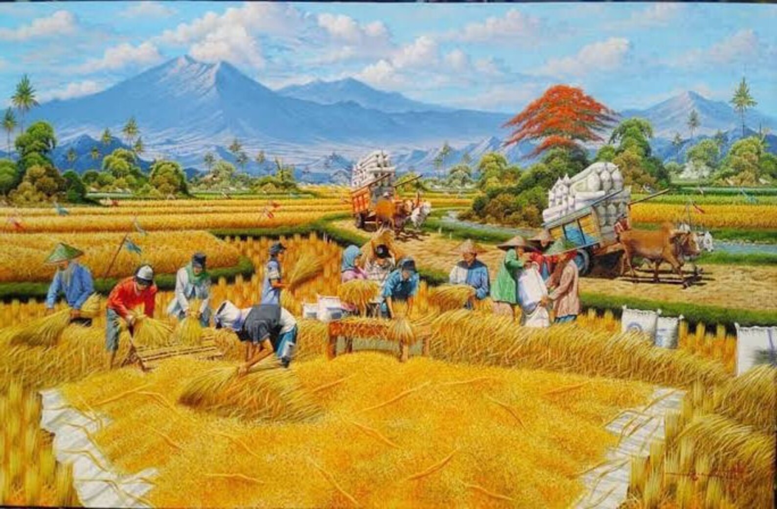 Rice Harvest Landscape Painting With Realistic Details - Etsy