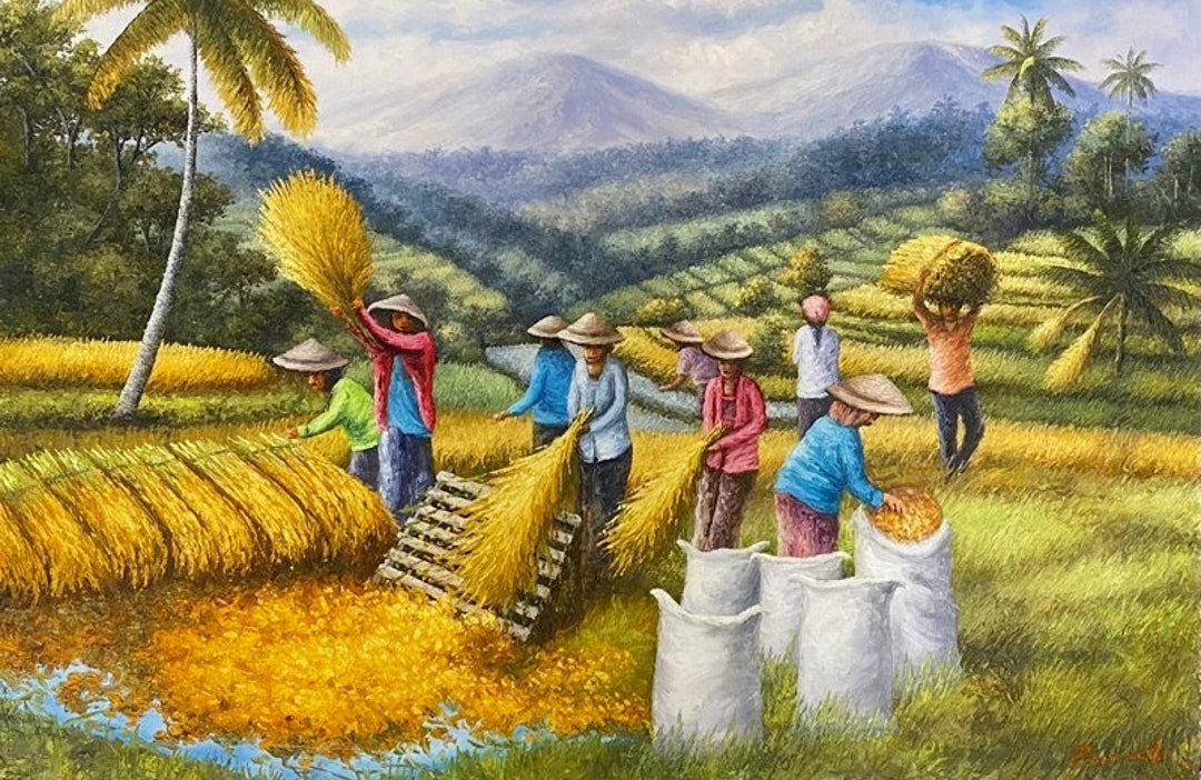 Realistic Rice Harvest Landscape Painting Symbolizing Prosperity - Etsy