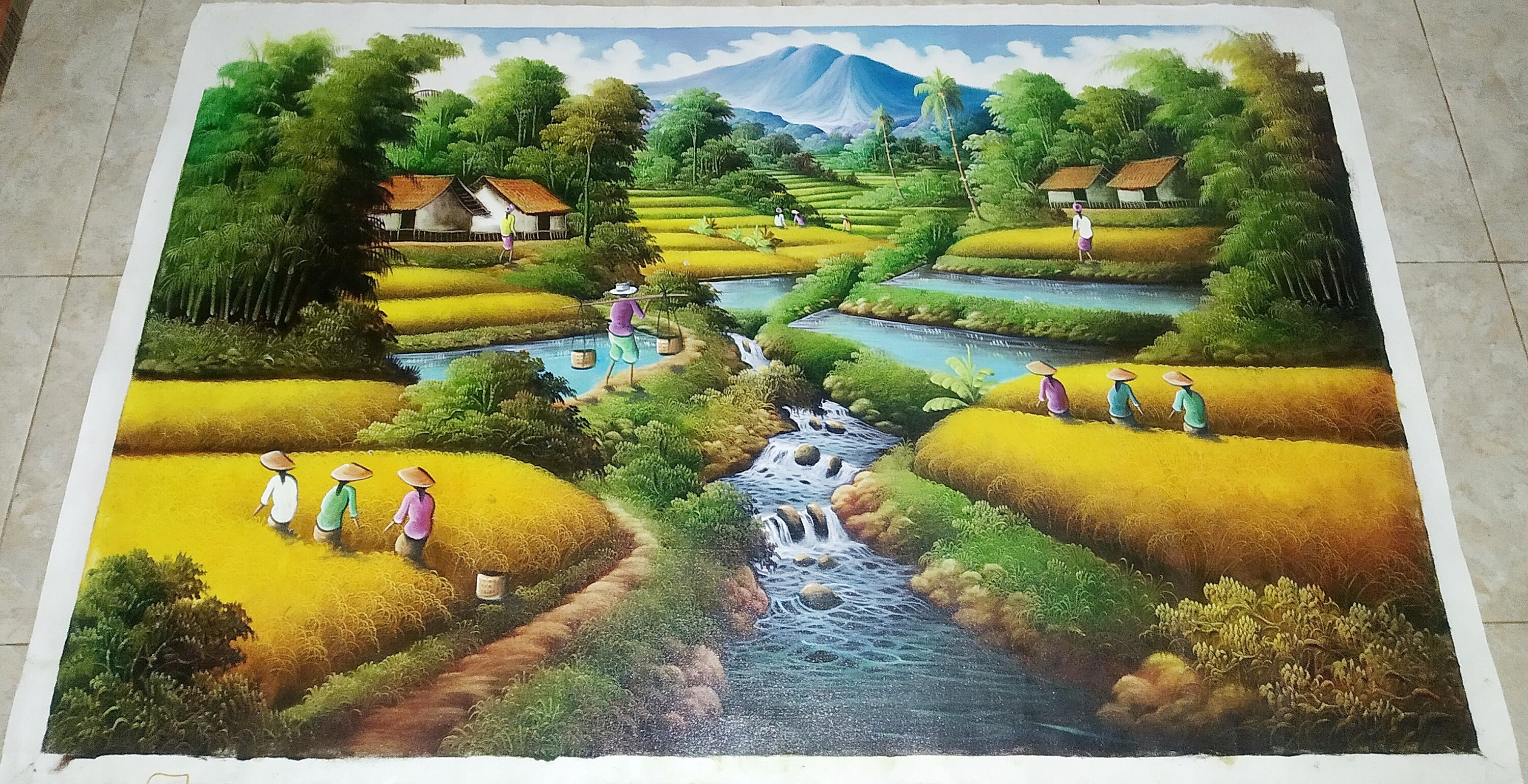 A Painting of a Very Beautiful Rice Harvest Landscape, With a River and ...