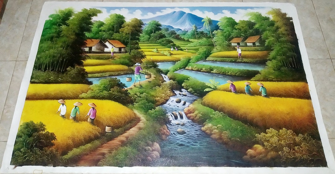 A Painting of a Very Beautiful Rice Harvest Landscape, With a River and ...
