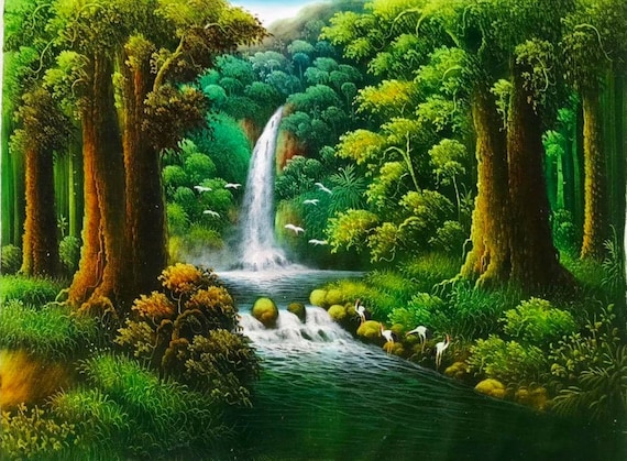 Beautiful Waterfall Painting With Trees - Etsy