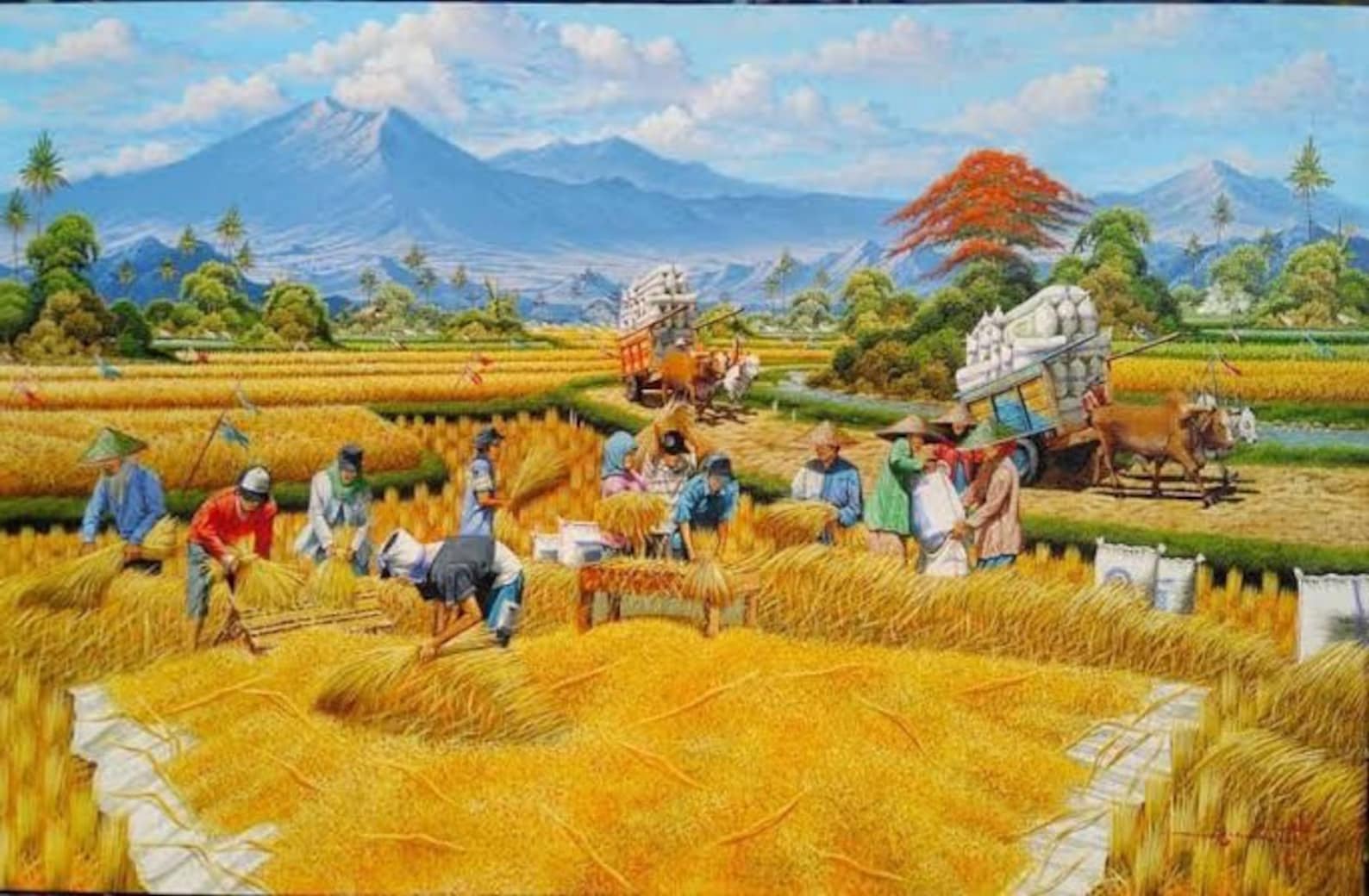Rice Harvest Landscape Painting With Realistic Details - Etsy