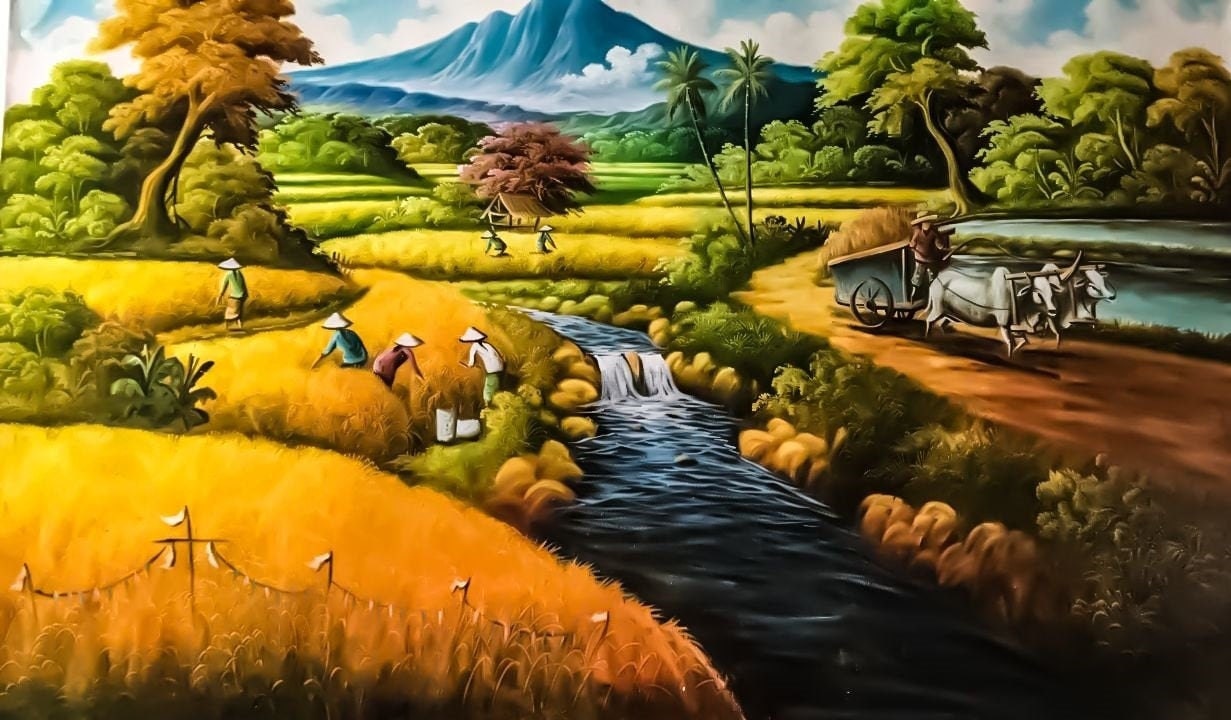 Painting of Beautiful and Charming Rice Harvest Scenery - Etsy
