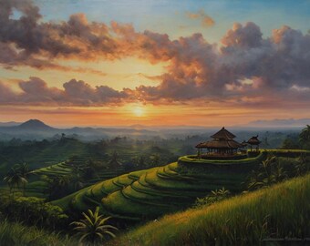 Sunrise in Rice Field Watercolor Original Painting, Bali Landscape ...