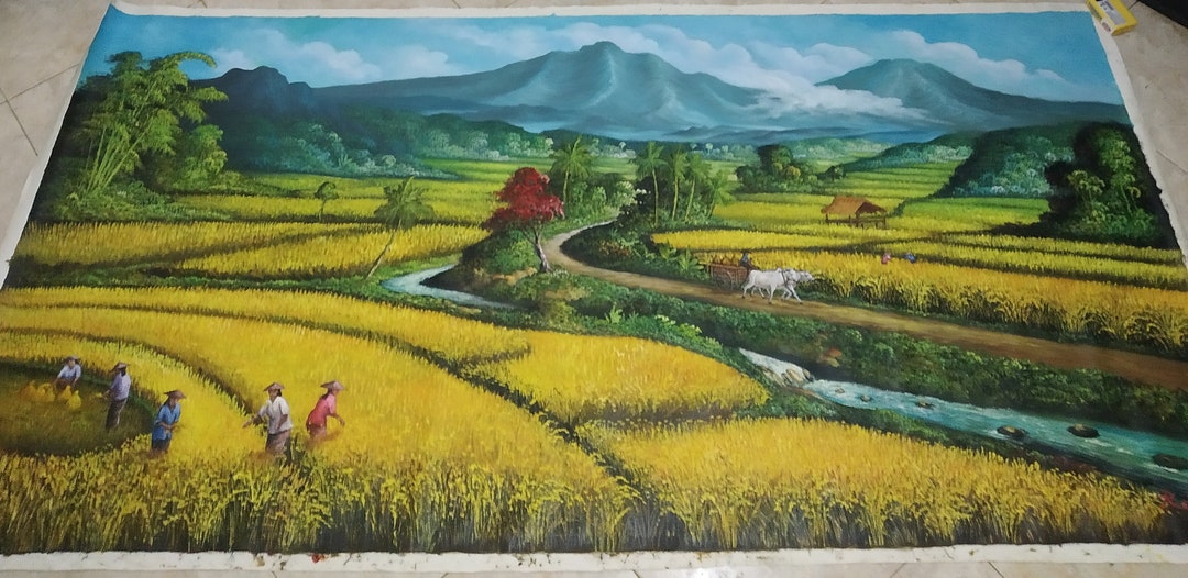 Painting of Rice Fields and Mountains With Cool Nuances big Size: Width ...