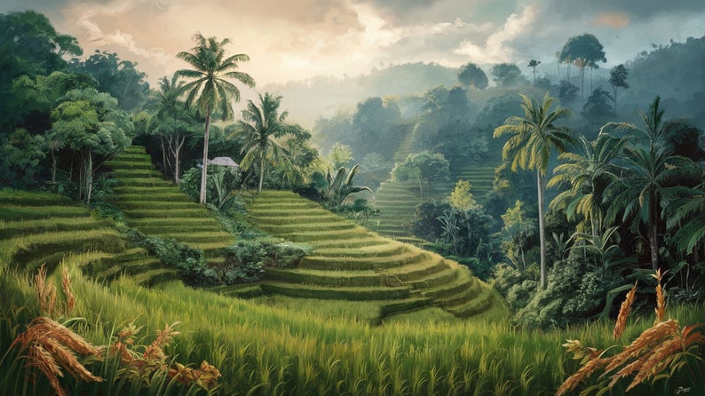 Landscape Painting of Terraced Rice Fields and Paddy Harvest in Bali - Etsy
