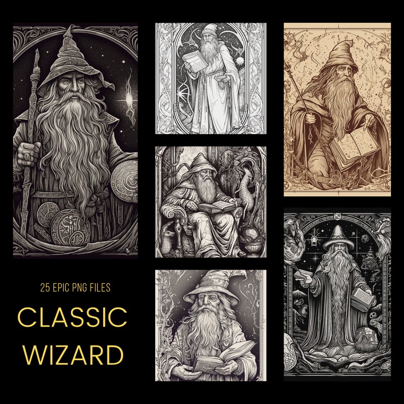 25 Wizard PNG Designs: Vintage Line Art (commercial Use) - Etsy