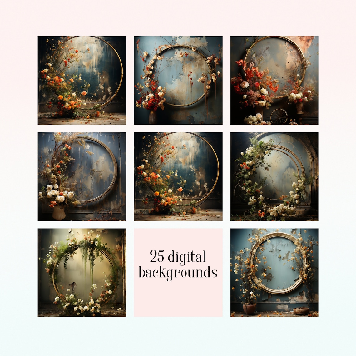 Floral Circle Overlays, Backdrop Overlays, Cottage Core, Art Portrait ...