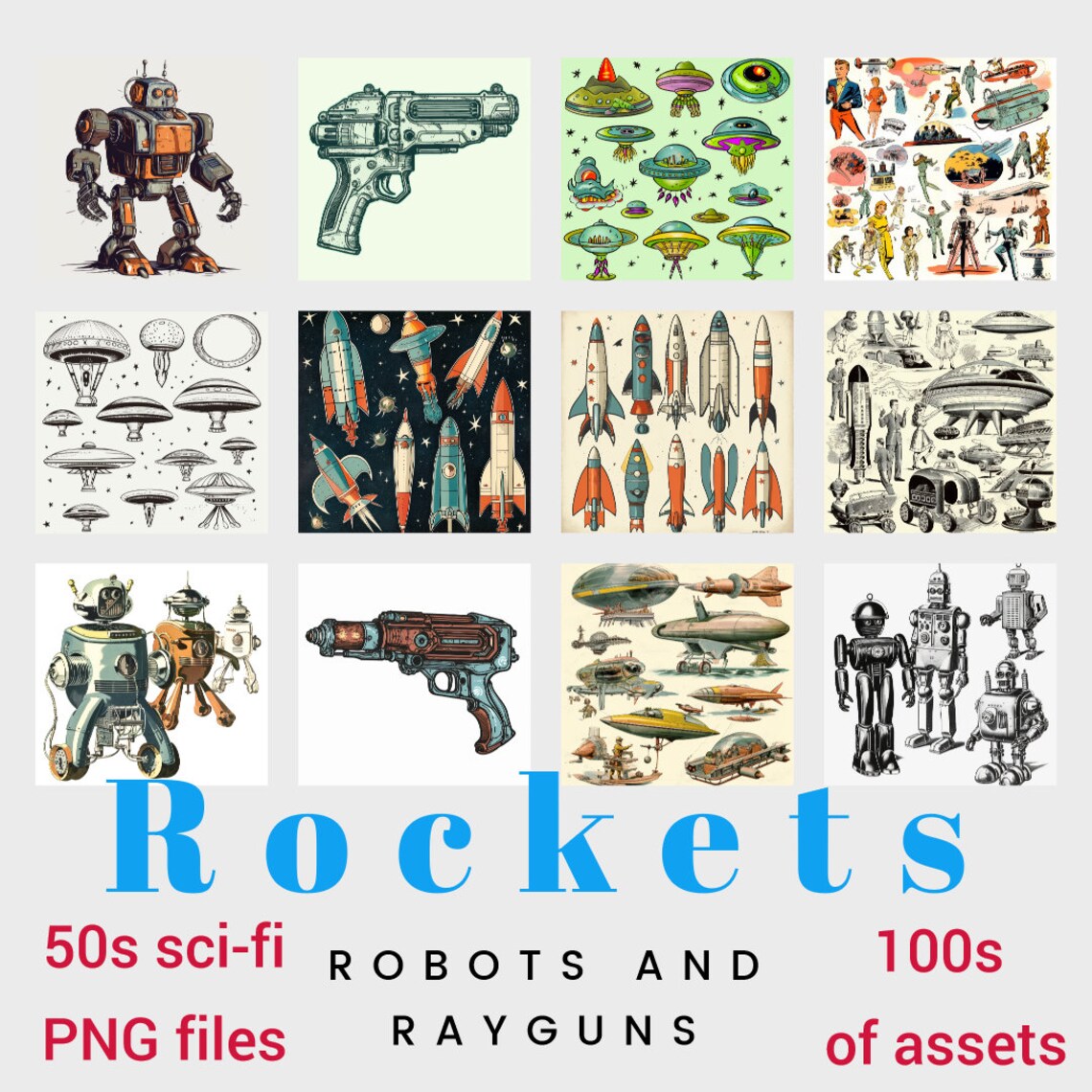 1950s Sci Fi PNG Bundle Robots Rayguys Ufos Rockets Vintage - Etsy