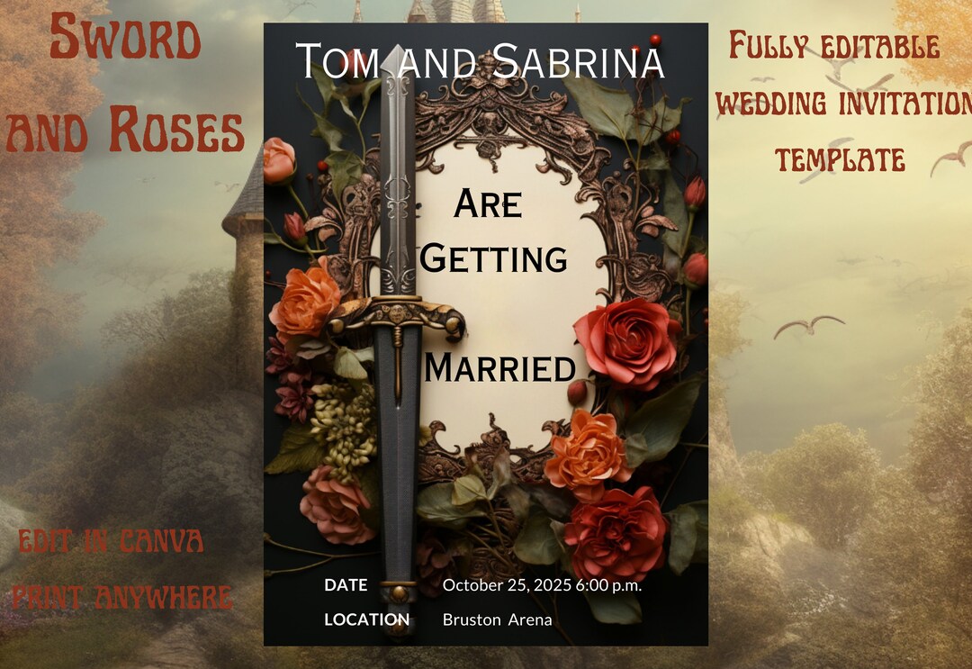 Sword and Roses Viking SCA Weddinginvites Canva Template Wiccan Pagan ...