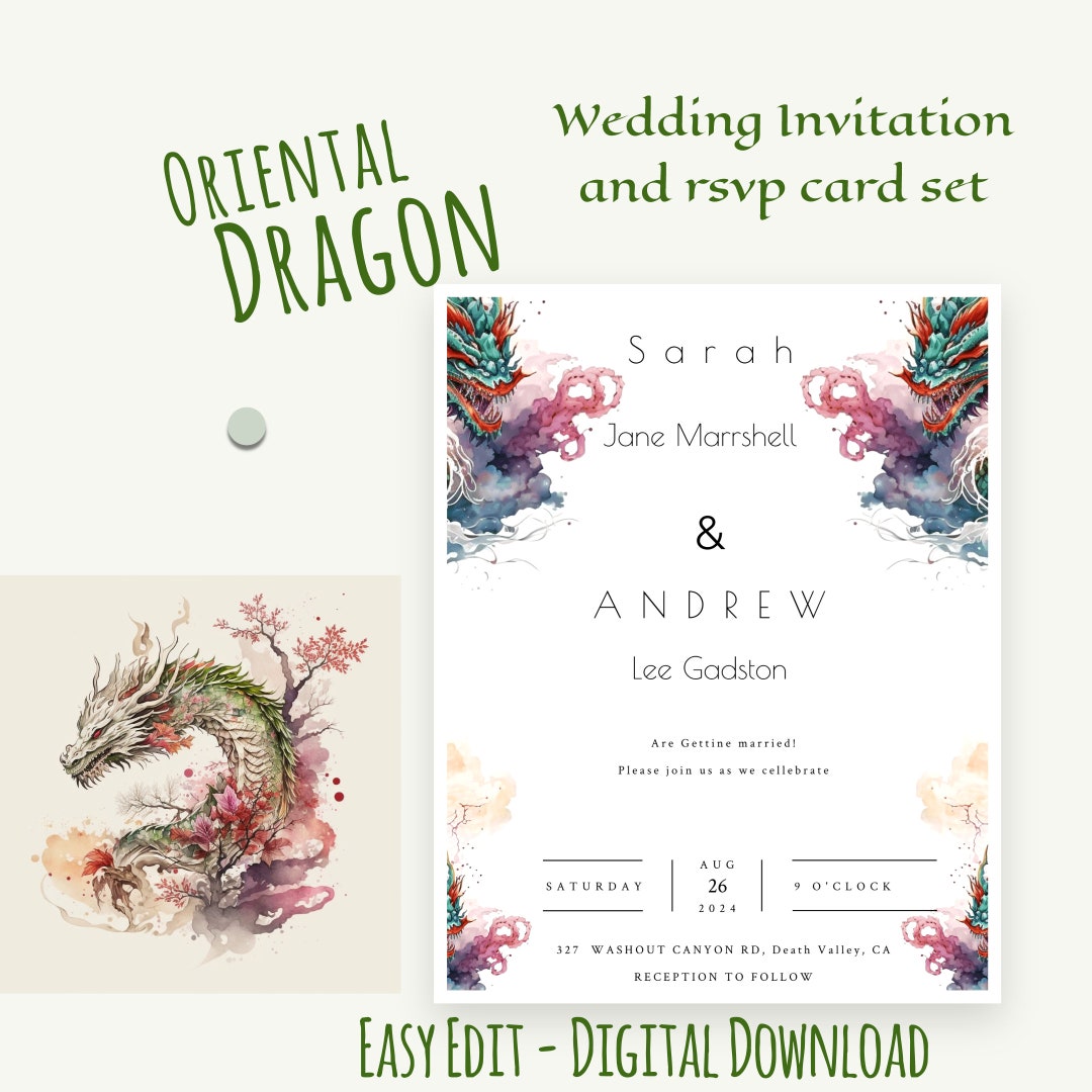 Asian Dragon Wedding Invitation Rsvp Bundle Templett Files Fully ...