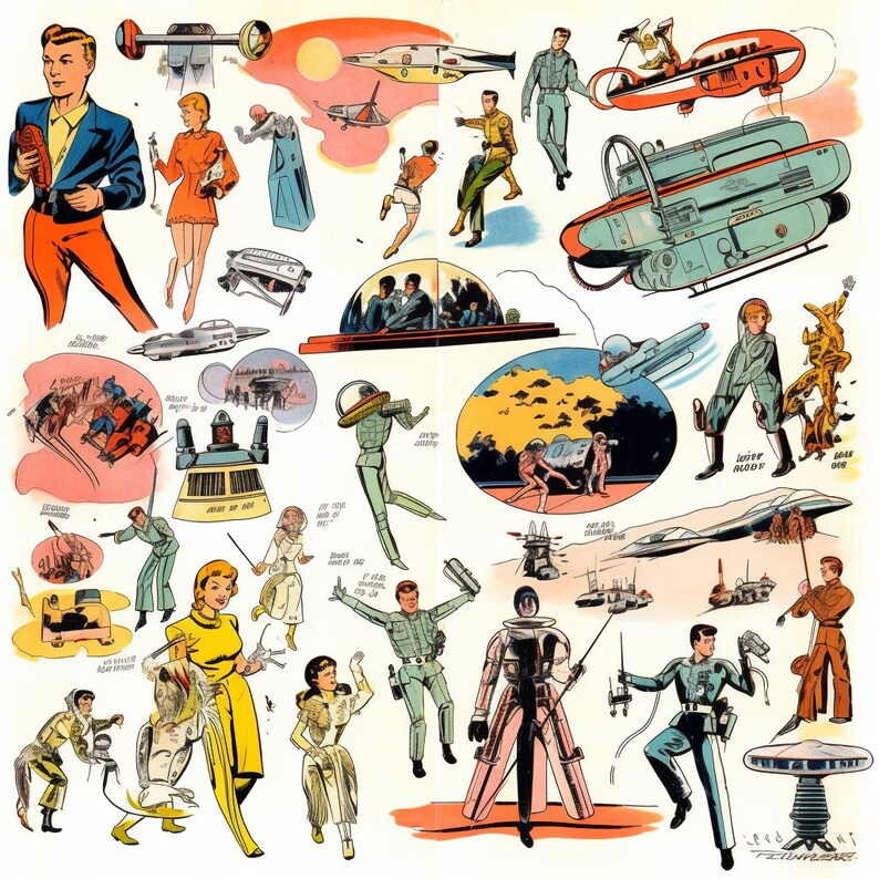 1950s Sci Fi PNG Bundle Robots Rayguys Ufos Rockets Vintage Retro ...
