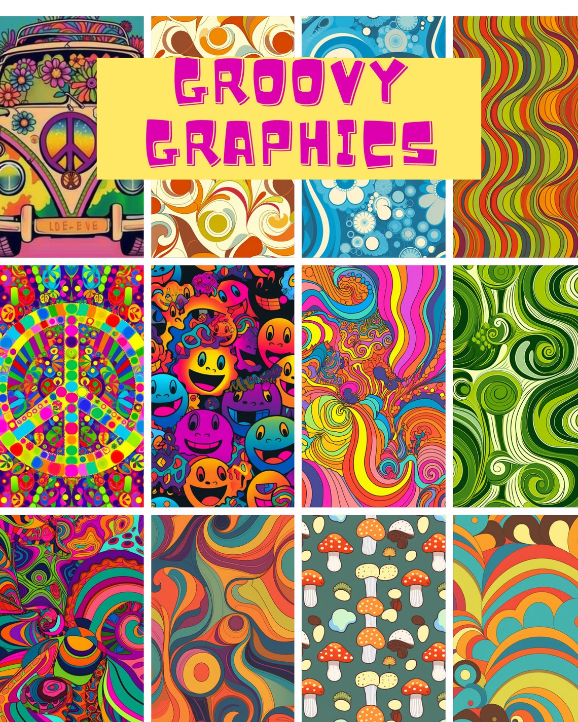 Retro Groovy 70s Digital Paper 75 PNG Files Hippie Scrapbook 1960s ...