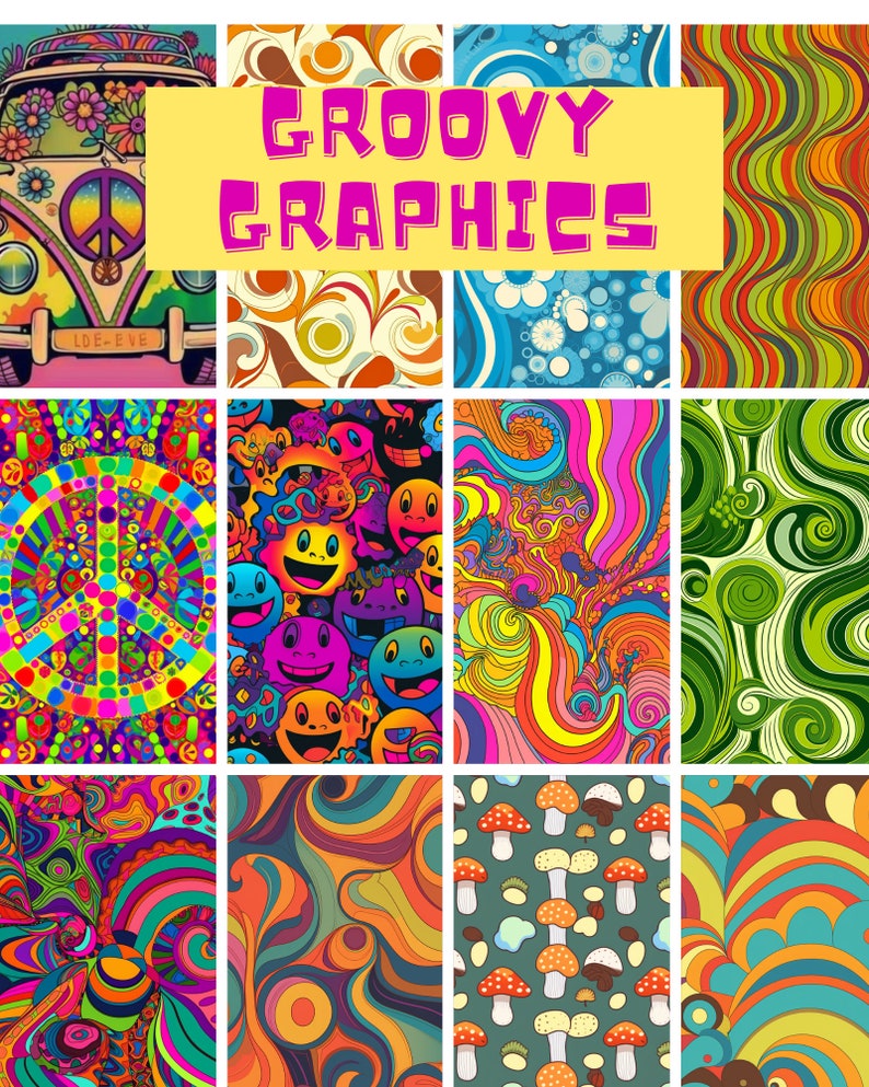 Retro Groovy 70s Digital Paper 75 PNG Files Hippie Scrapbook 1960s ...