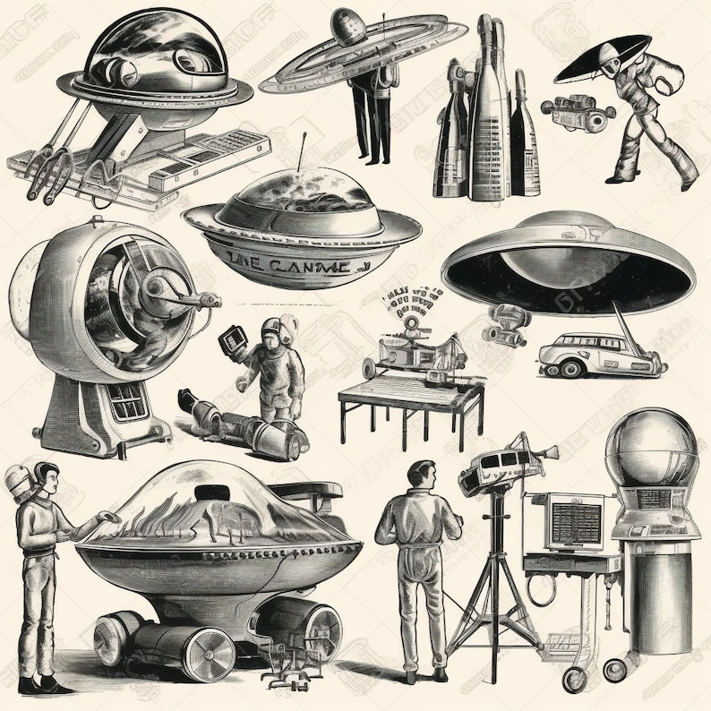 1950s Sci Fi PNG Bundle Robots Rayguys Ufos Rockets Vintage Retro ...