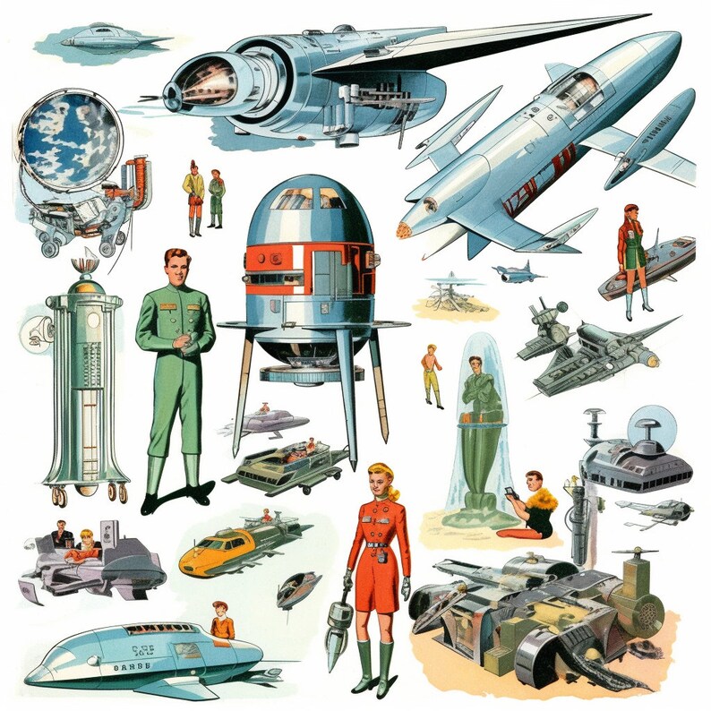1950s Sci Fi PNG Bundle Robots Rayguys Ufos Rockets Vintage Retro ...