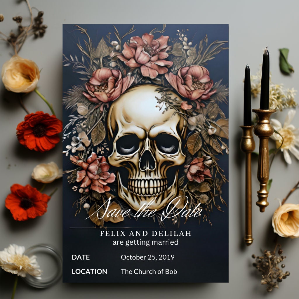 Gothic Wedding Invitation Skull and Flowers Canva Template Wiccan Pagan ...