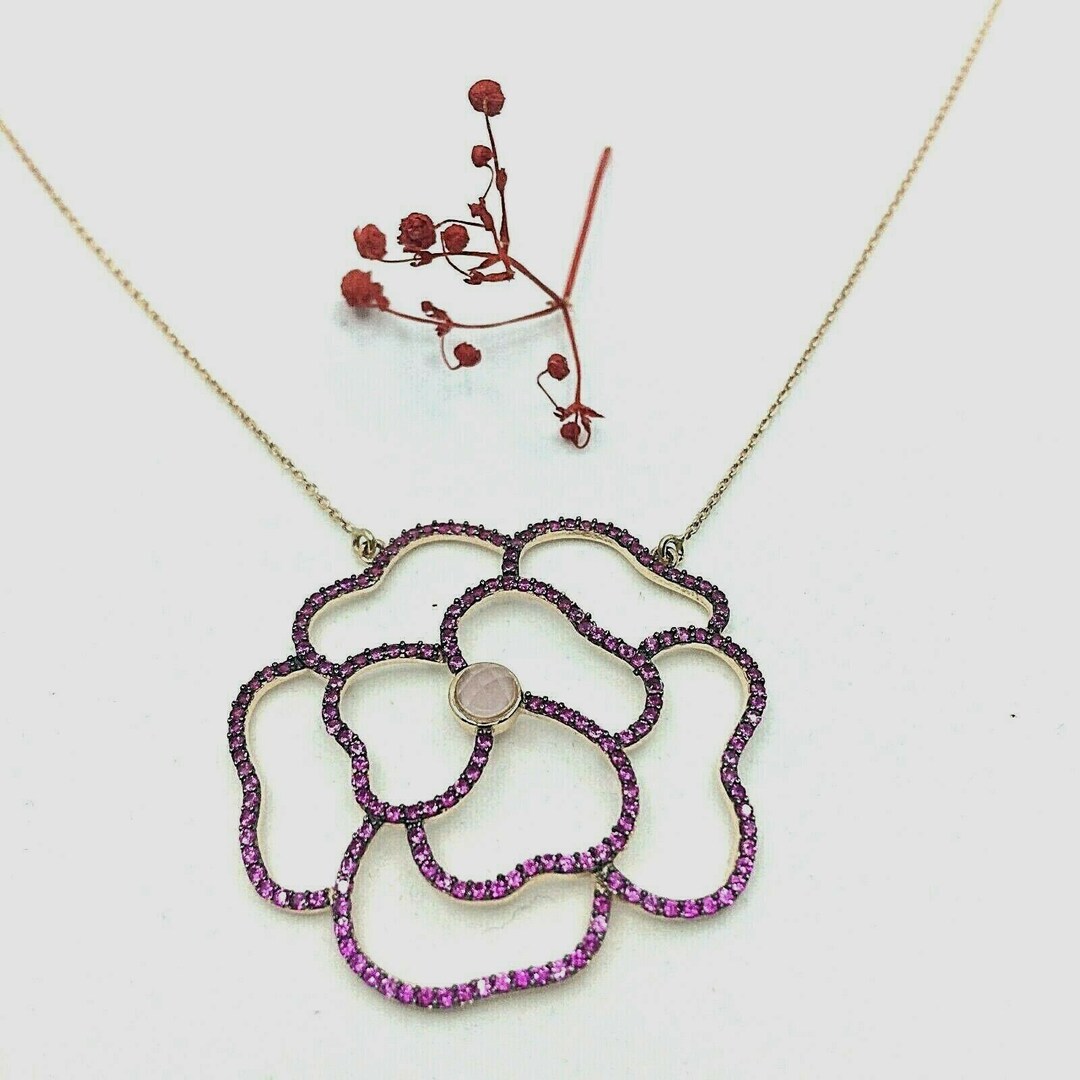 14k Rose Gold Necklace With Huge Flower Pink Sapphires and Moonstone ...