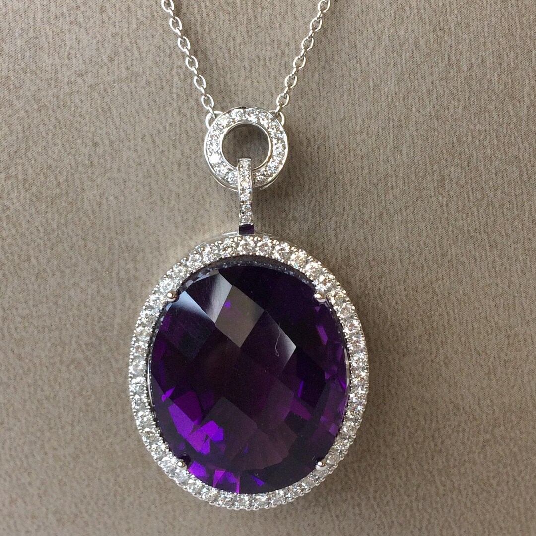 18k White Gold Necklace | Natural Oval Checker Amethyst Round White ...