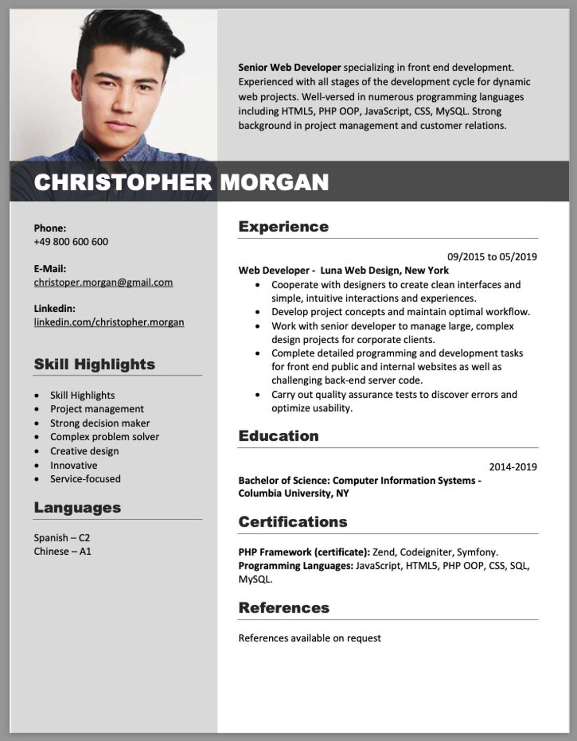 Resume Template for Web Developer, Resume Template Word, Resume ...