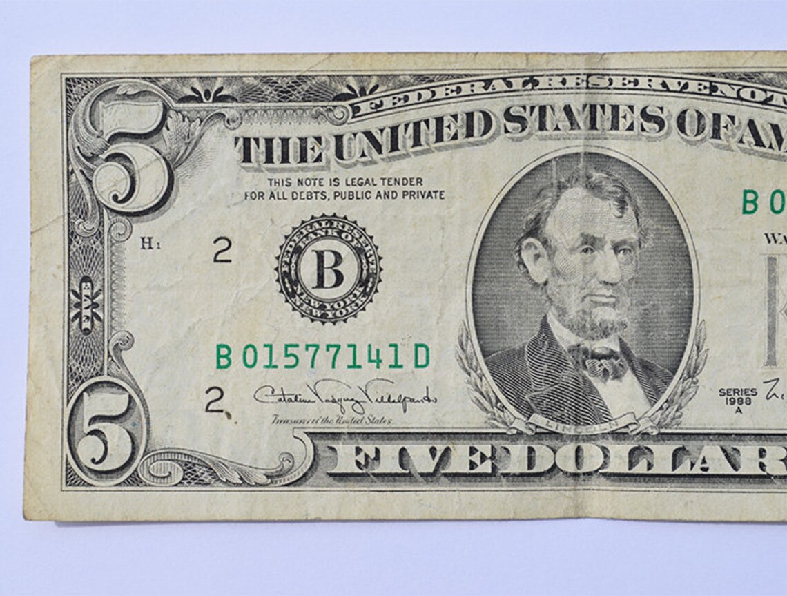 1988 Five Dollar Bill Rare Old 5 Dollar Banknote Etsy 1988-five-dollar-bill-rare-old-5-dollar-banknote-etsy