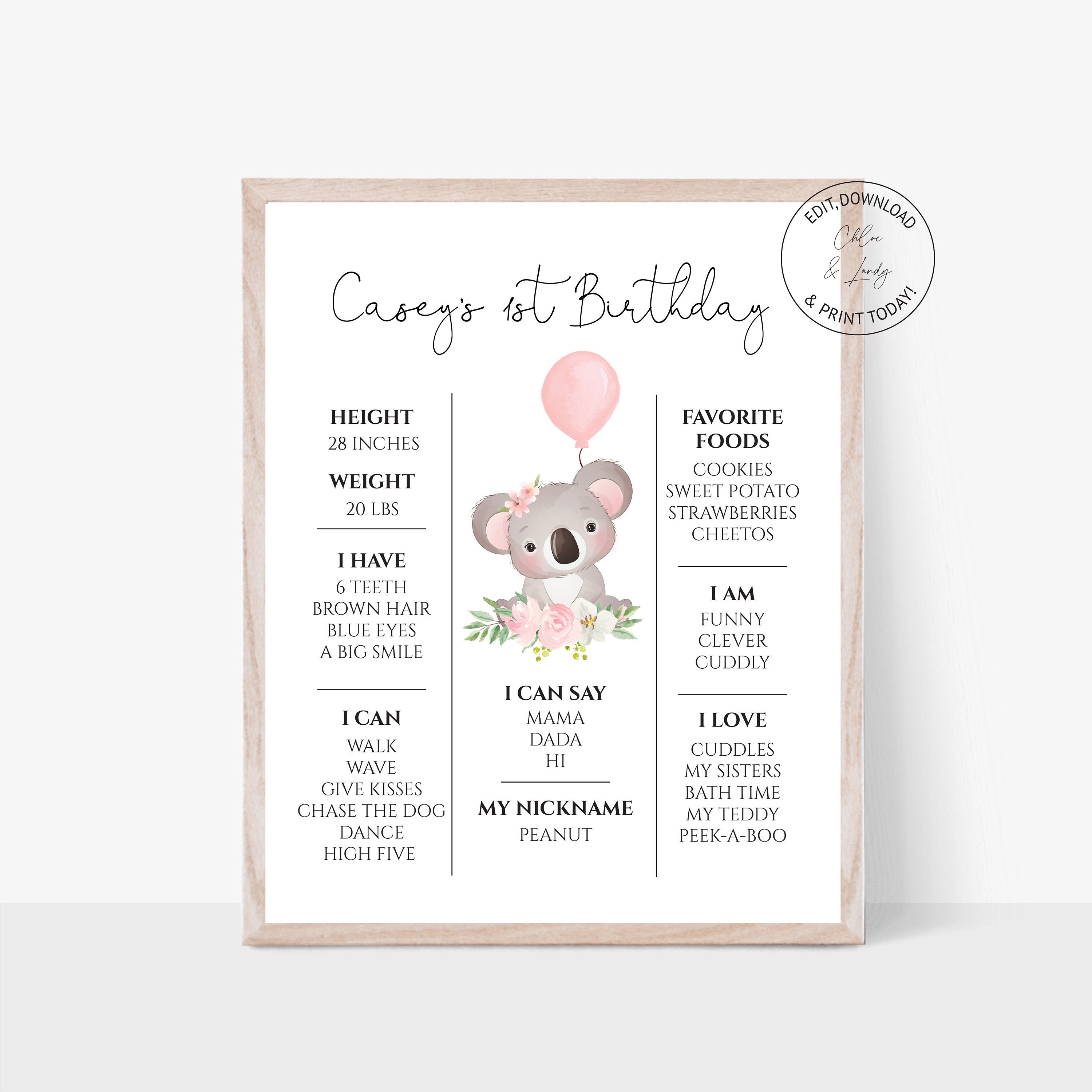 Koala First Year Milestones Invitation | Printable First Birthday Sign ...