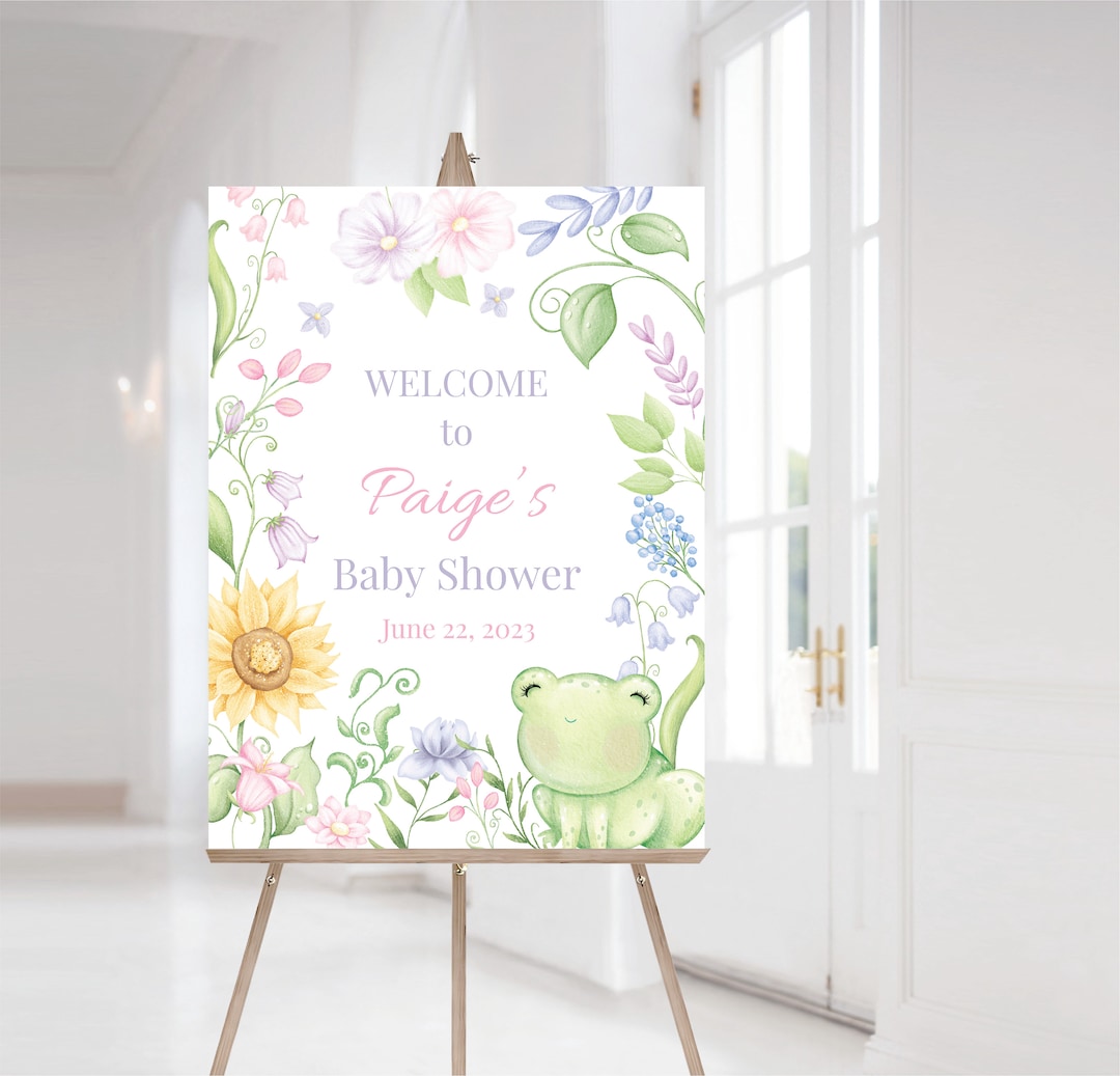 Frog Baby Shower Welcome Sign Template | Girl Frog Baby Shower Sign ...